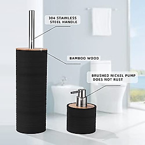 Bamboo Bathroom Accessories Set with Trash Can, Vanity Tray,Tumbler, Qtip Holder, Soap Dispenser, Soap Dish, Toilet Brush,Black