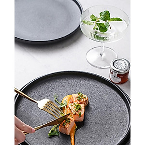 Lareina Dinner Plates, Scratch-resistant, 10.25 Inch Flat Ceramic Plate Set of 4, Porcelain Plates with Lipped Edge for Salad Steak in Kitchen Restaurant, Natural Primitive Texture (Cast Iron Black)
