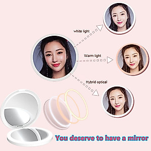 CigyYogy Small LED Compact Makeup Mirror Round Handheld Foldable - Magnifying Lighted Pocket Mirrors Double Sided with 1x/2x Magnification - Ideal Gift for Women Girls -White - 1 Pack