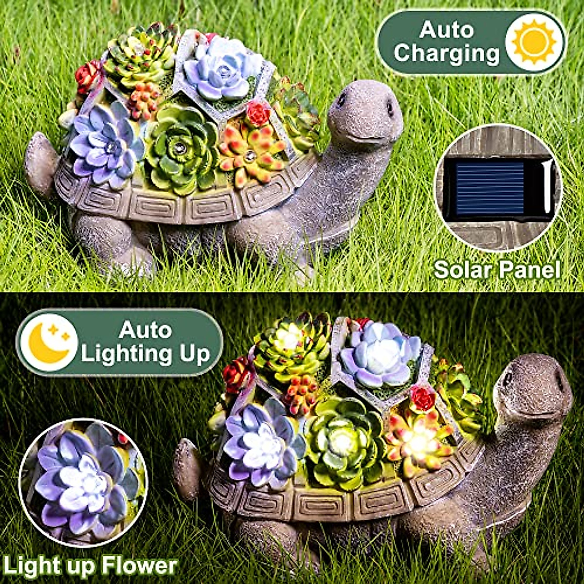 GIGALUMI 【Upgraded】 11.5 Inch Solar Garden Statues Turtle Figurine with Succulent and 7 LEDs - Outdoor Fall Winter Garden Decor Statue Large Tortoise Statues for Yard Lawn Outdoor Decoration Gifts