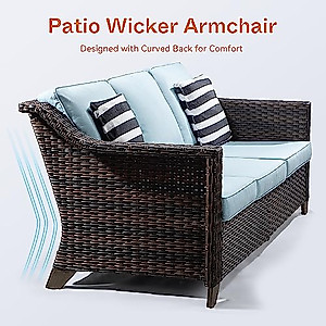MeetLeisure 77'' Patio Sofa, All Weather Outdoor Rattan Wicker 3-Seat Sofa High Back Couch with Premium Cushions for Garden Backyard Porch(Brown/Azure)