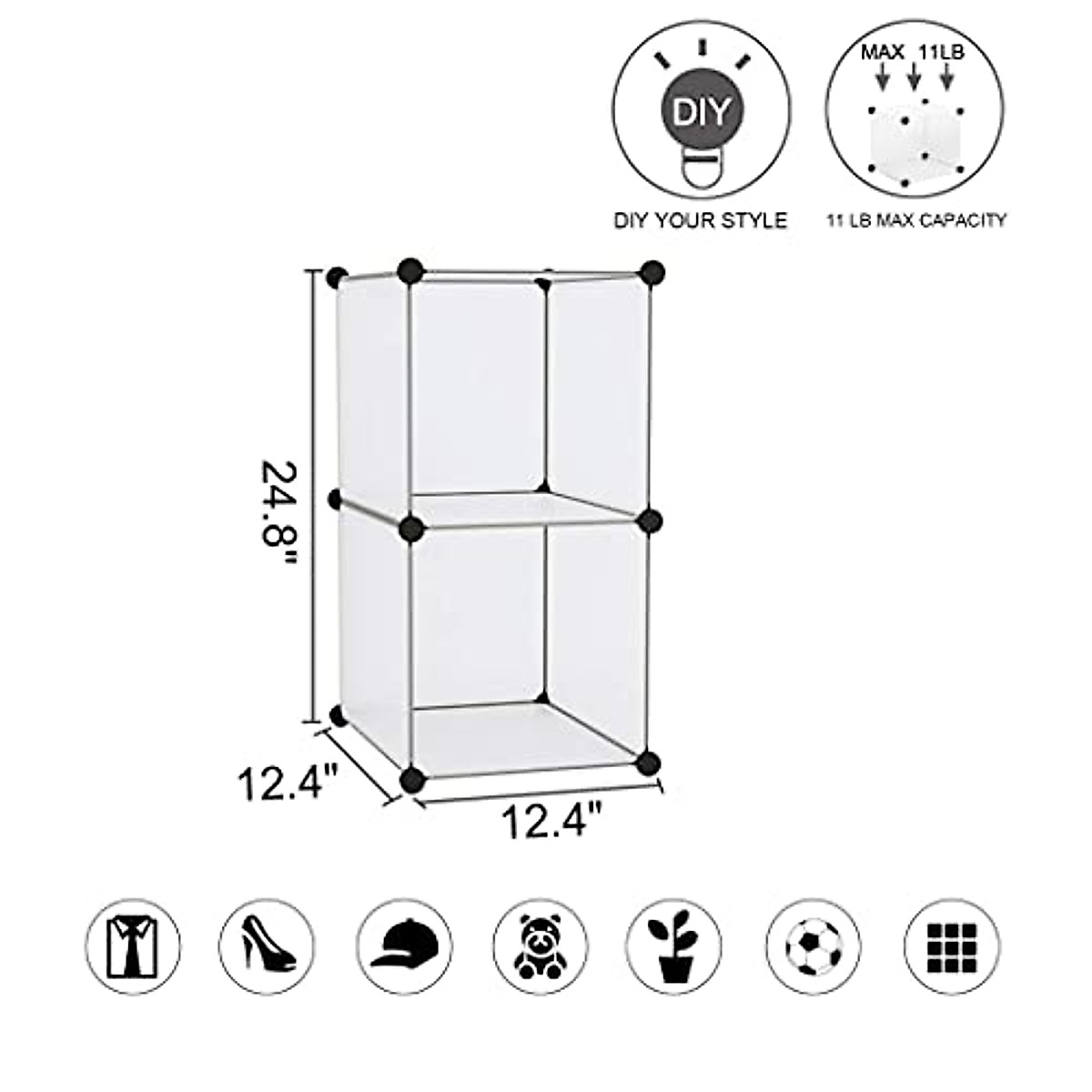 C&AHOME Cube Storage, 2-Cube Organizer Unit, Plastic Closet Storage Shelf, DIY Bookshelf, Modular Bookcase, Cabinet Ideal for Bedroom, Living Room, Office, 12.4" L x 12.4" W x 24.8" H White SBTM3002A