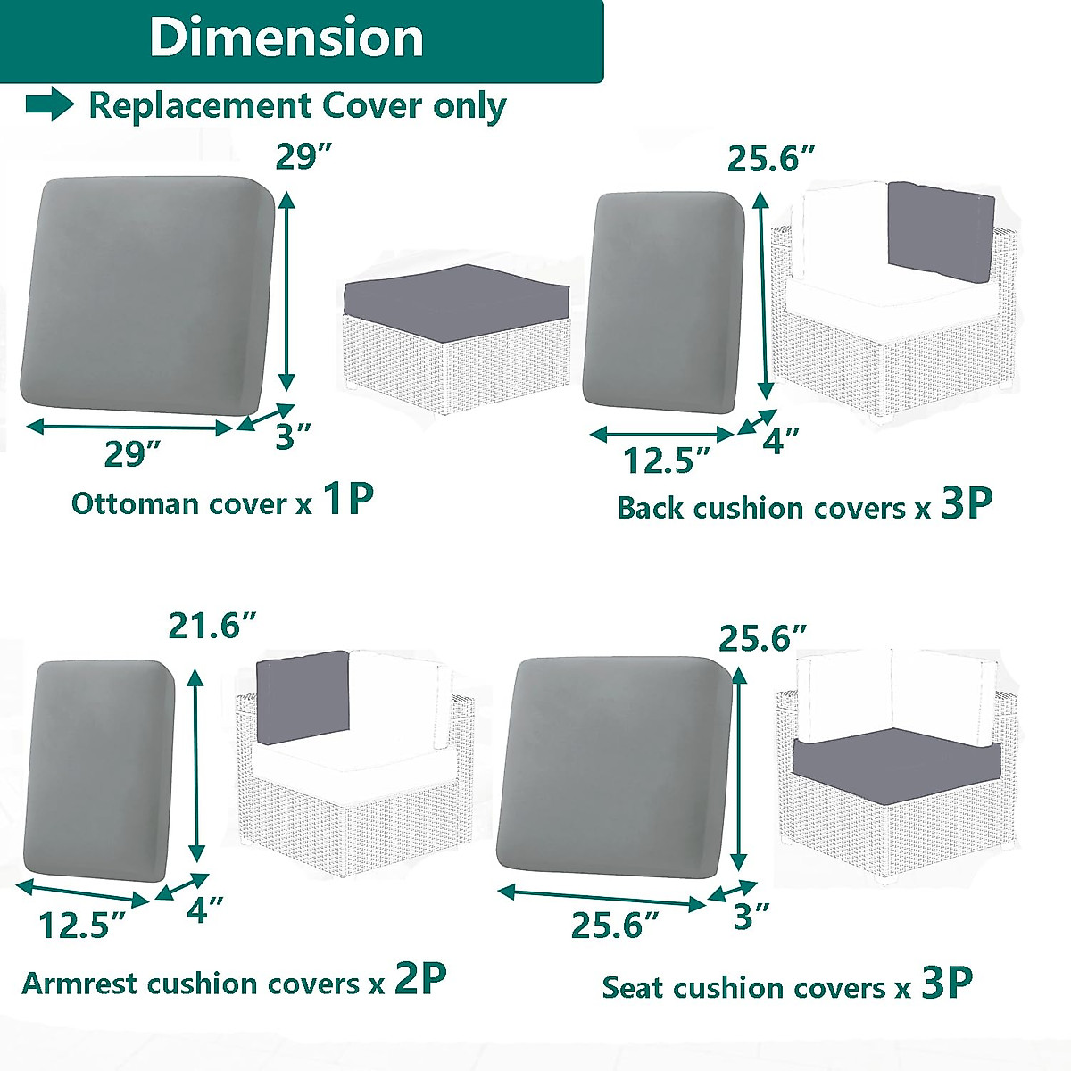 TECOSARA Patio Cushion Covers Replacement Outdoor Cushion Slipcovers Waterproof for Outdoor Furniture, 9 Pcs Patio Seat Cushions Replacement Covers for 5 Piece Outdoor Sectional Sofa, Grey