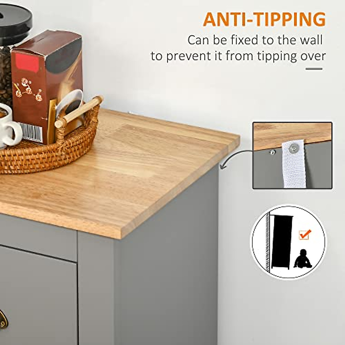 HOMCOM Modern Kitchen Cabinet, Storage Sideboard, Buffet Table with Rubberwood Top, 3 Drawers and Cabinet with Adjustable Shelf, Grey