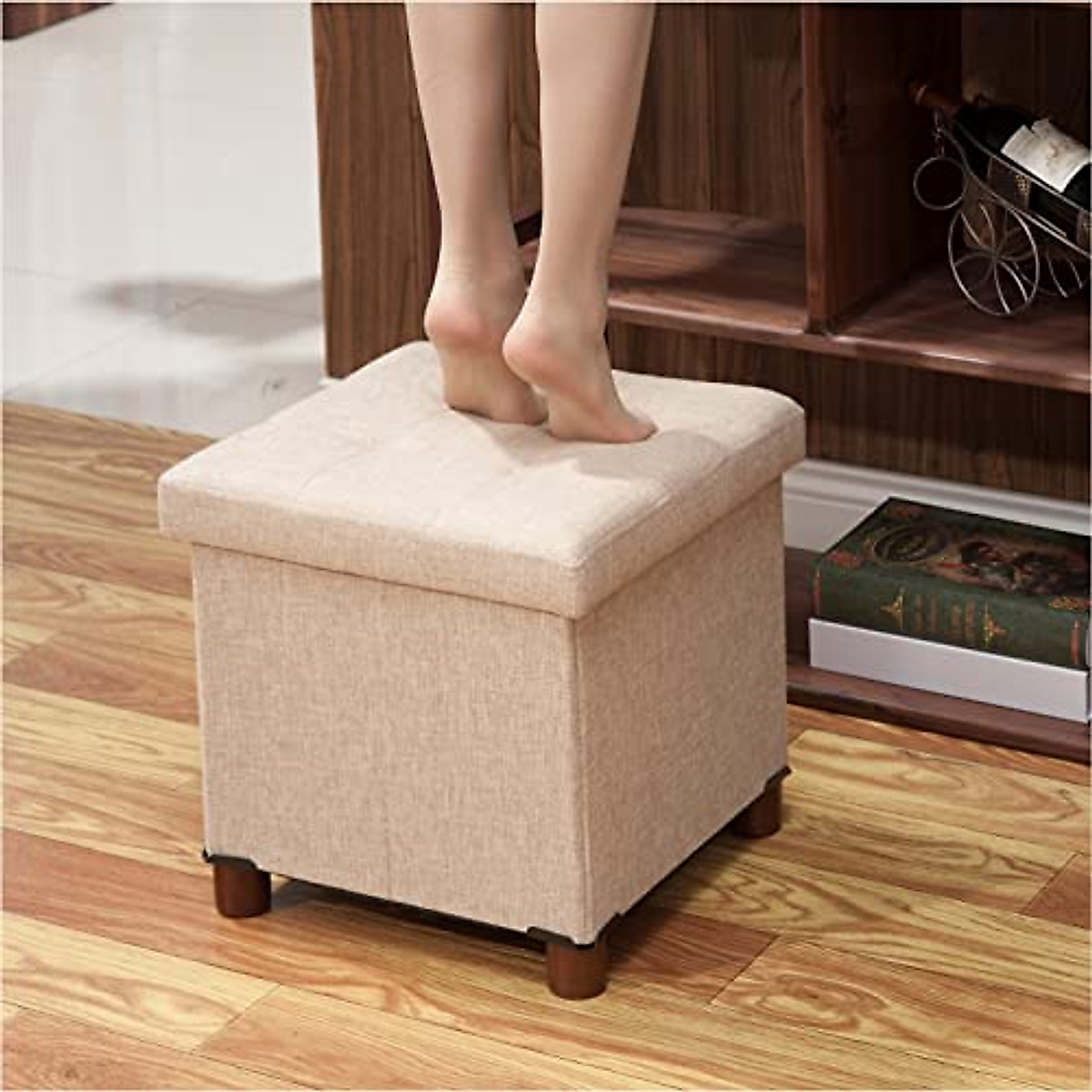 15 Inches Storage Ottoman with Wooden Legs Cube Foot Rest Stool, Square Footstool Storage, Ottoman with Storage for Living Room, Foldable Fabric Ottoman, Comfortable Seat with Lid, Space-Saving Beige