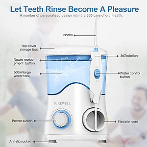 TUREWELL FC162 Water Dental Flosser for Teeth/Braces,10 Pressure Levels, 8 Water Jet Tips for Family, 600ML Electric Water Dental Oral Irrigator for Teeth Clean (White)