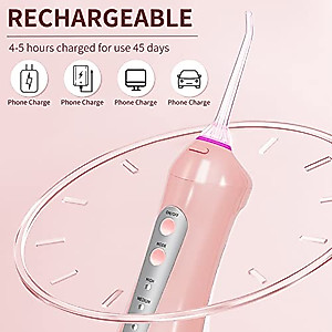 Water Flosser for Teeth, 200ML Cordless Water Flosser with 360°Rotable Nozzle, 3 Flossing Modes IPX7 Waterproof 6 Jet Tips Water Picks,Rechargeable Portable Water Flosser for Home & Travel (Pink)