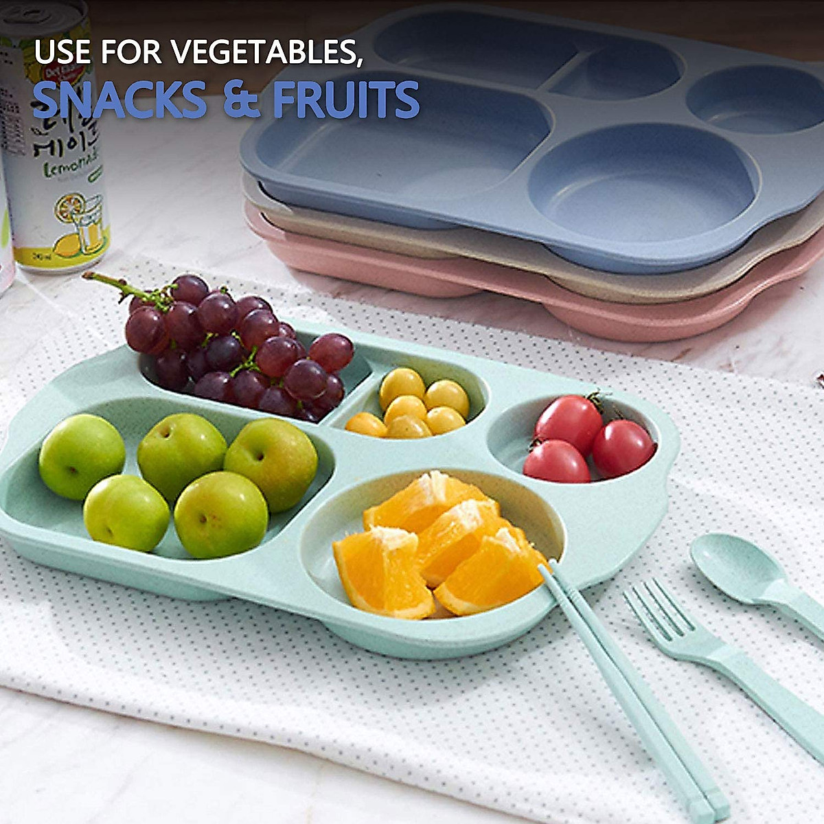 shopwithgreen Divided Plates for Kids Adults, 12 Inch (4PCS) Unbreakable Wheat Straw Section Plates, Large Lightweight Reusable Compartment Lunch Trays, BPA Free Dishwasher & Microwave Safe