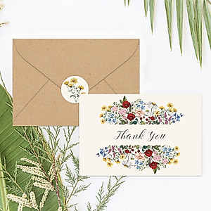 Whaline 30 Pack Wildflower Thank You Cards Vintage Floral Greeting Cards with Envelopes Stickers Retro Flower Blank Note Cards for Wedding Bridal Baby Shower Birthday Party Supplies, 4 x 6 Inch