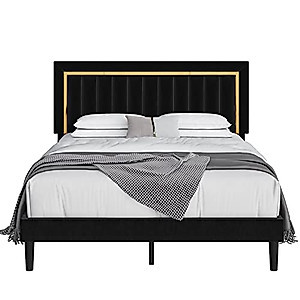 HITHOS Full Size Bed Frame with Adjustable Tufted Headboard, Velvet Upholstered Platform Bed Frame with Gold Trim, Heavy Duty Mattress Foundation with Steel Frame, Easy-Assembly Slats (Black, Full)