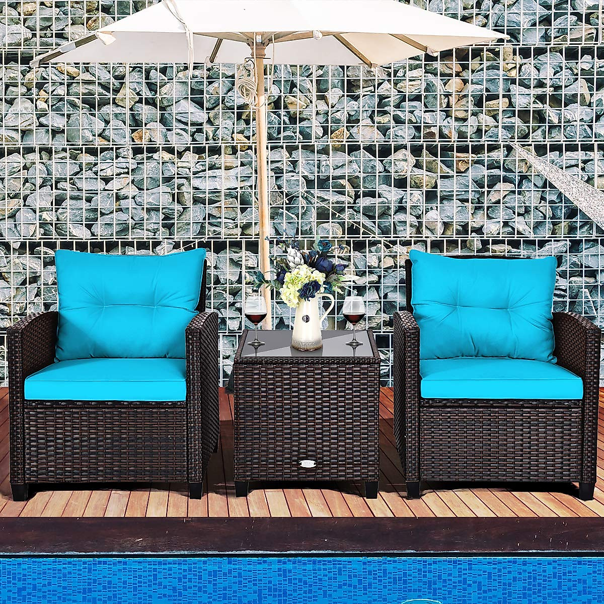 Tangkula 3 Pieces Patio Furniture Set, PE Rattan Wicker 3 Pcs Outdoor Sofa Set w/Washable Cushion and Tempered Glass Tabletop, Conversation Furniture for Garden Poolside Balcony (Turquoise)