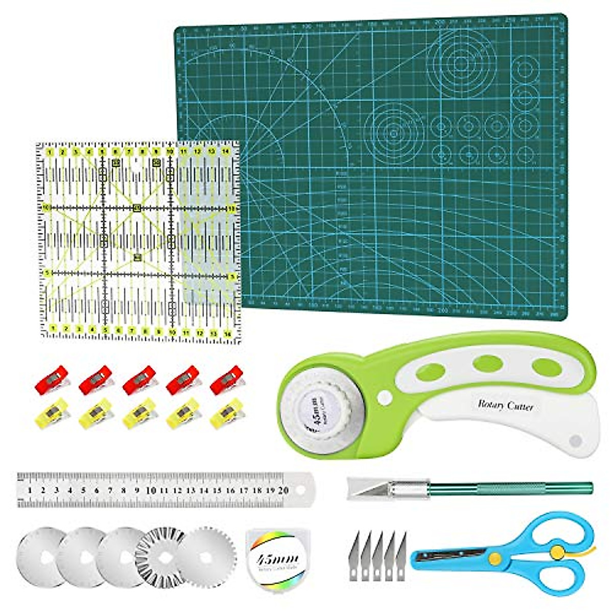 Rotary Cutter Kit，Rotary Cutter Tool Kit with with 5 Extra Blades, Cutting Mat, Patchwork Ruler, Carving Knife, Storage Bag for Sewing and Quilting