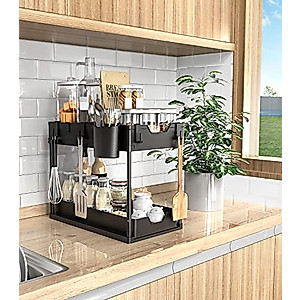 Mastom Under Sink Organizer, 2 Tier Sliding Cabinet Organizer Drawer, Adjustable Height Pull Out Cabinet Organizer with Hooks, Hanging Cup, Dividers, Under Sink Storage for Kitchen Bathroom, Black