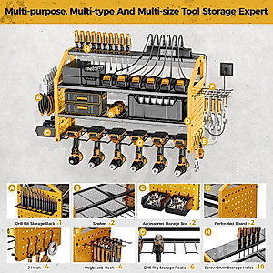 LBT Power Tool Organizer Wall Mount with Charging Station. Patented, Heavy Duty Steel, Garage 6 Drill Storage Shelf, 8 Hooks,2 Screw Boxes,6 Outlets Power Strip, Easy Install Power Tool Storage Rack.