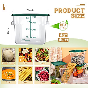Maxcheck 4 Pcs 4Qt Food Storage Container with Lids Set Square Clear Commercial Containers with Scale and Handle Space Saving for Home Kitchen Restaurant Proof Dough Marinating Meat (Green)