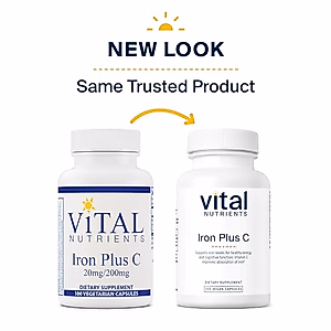 Vital Nutrients Iron Plus Vitamin C | Vegan Iron Supplement | 20mg Iron with Vitamin C to increase Iron and Energy Levels | Gluten, Dairy and Soy Free | Non-GMO | 100 Capsules