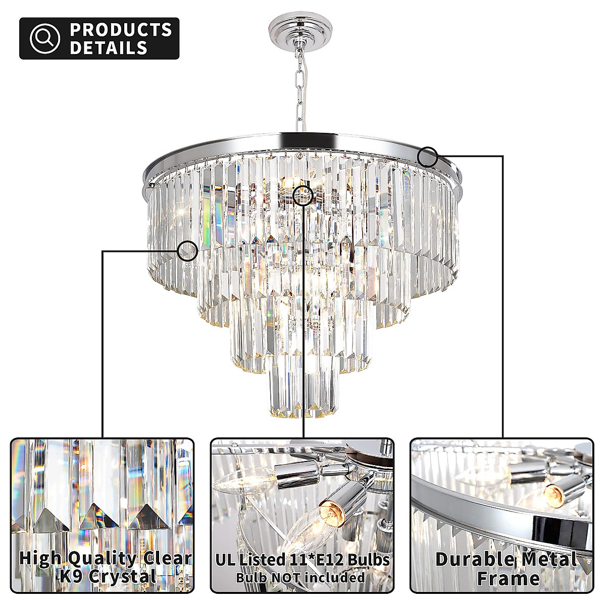 MarkDee Modern Chandeliers Crystal with Light, 11 Lights Chrome Crystal Chanderlier Lighting, 4-Tier Pendant Lights for Dining Room Living Room (23.62inch)…