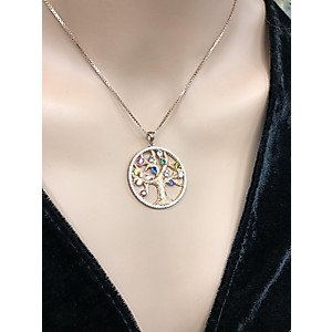 Central Diamond Center Tree of Life Mothers Necklace with 1-13 Birthstones, 1mm Box Chain - Yellow Gold Plated Silver CZ BEZEL