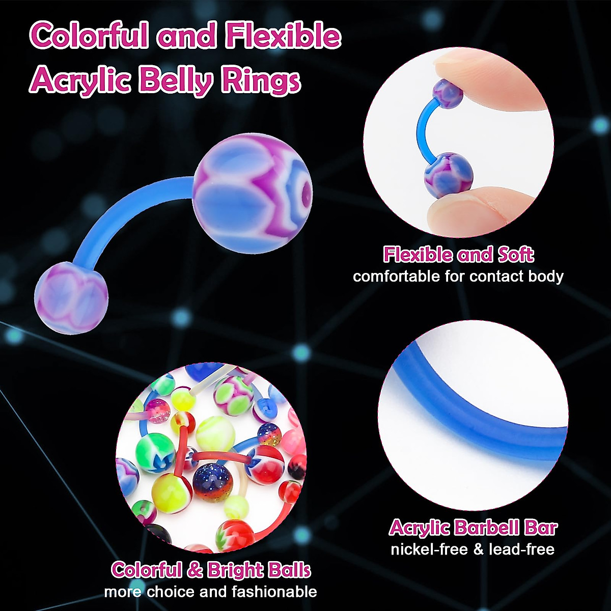 CrazyPiercing Wholesale Lot of 50pcs Belly Navel Button Rings Bar Barbells Ball Acrylic Steel