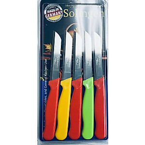 Kitchen Pride MADE IN SOLINGEN GERMANY STAINLESS STEEL KNIFE SET -PACK OF 5 (ORANGE, YELLOW, LIME) -3.35" ULTRA SHARP SERRATED BLADE -IDEAL FOR KITCHEN/GENERAL USE, BREADS AND PRECISION FOOD CUTTING