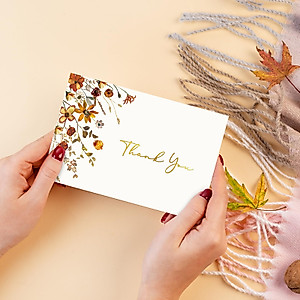 Whaline 32 Pack Gold Foil Fall Thank You Cards Autumn Floral Wildflower Greeting Cards with Envelopes and Stickers Blank Note Cards for Wedding Birthday Bridal Shower, 4 x 6 Inch