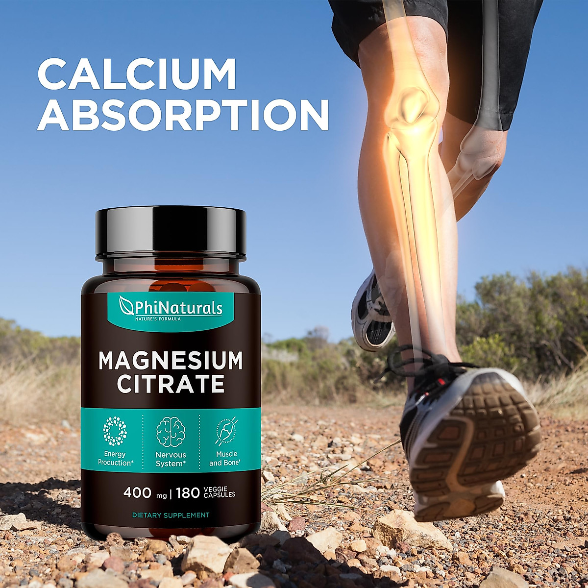 Magnesium Citrate Powder Capsules 400mg - 180 Count Veg Caps - PhiNaturals Supplements - Nervous System Support and Enzyme Function
