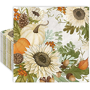 AnyDesign 80Pcs Fall Paper napkins Watercolor Pumpkin Sunflower Luncheon Napkins Decorative Autumn Dessert Dinner Hand Napkin for Thanksgiving Harvest Wedding Birthday Party Supplies, 6.5 x 6.5 Inch