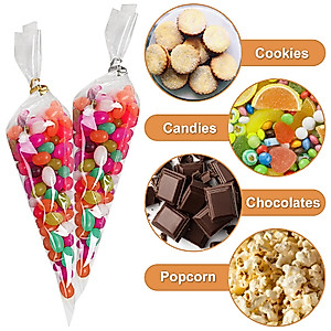 SBYURE 200 Pcs Clear Cone Shaped Treat Bags Cellophane Triangle Candy Bags with 200 Twist Ties for Favor Candy Popcorn Handmade Cookies Sweets Crafts,15'' x7''