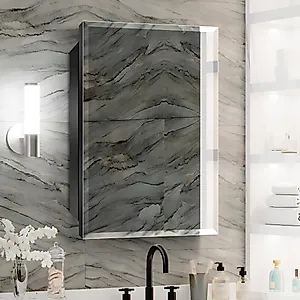 Janboe 16×26inch Medicine Cabinet,Mirror Cabinet with Beveled Mirror,Solf Close Hinge,Frameless,Detachable Side Plate for Recess Mount or Surface Mount,Black