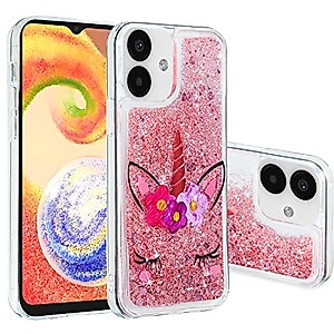 MEIKONST Galaxy A04 case, Clear Soft TPU Stylish Design with Hearts Glitter Bling Quicksand Shiny Flowing Liquid Case Cover for Samsung Galaxy A04 Pink Unicorn XY