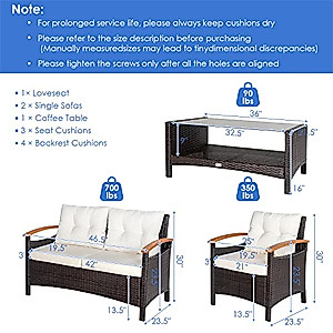 HAPPYGRILL 4 Piece Patio Conversation Set Rattan Sectional Sofa Set with Soft Cushions and Coffee Table, Outdoor Wicker Furniture Set with Acacia Wood Armrests, Perfect for Poolside, Garden, Backyard