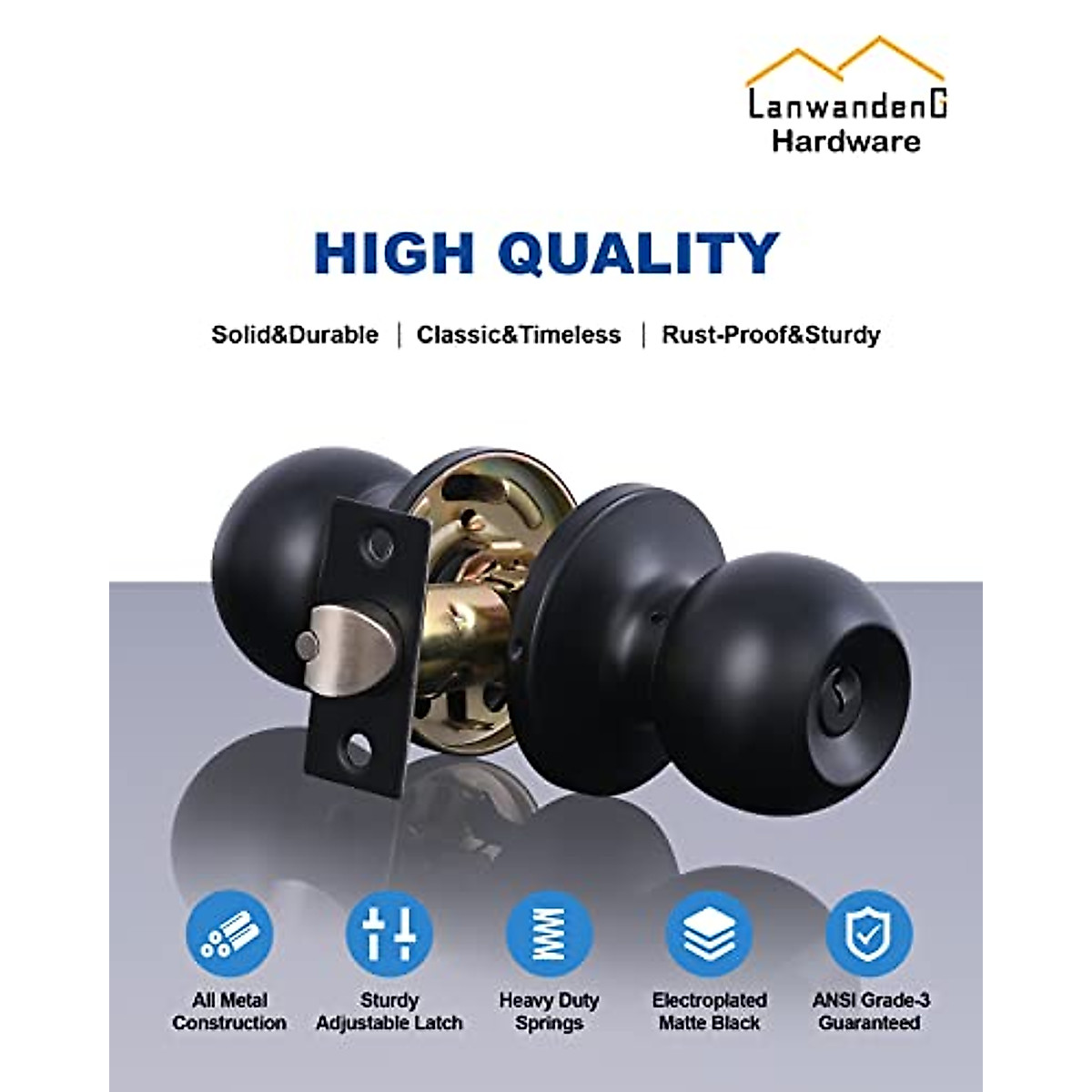 Lanwandeng Matte Black Door Knobs with Lock and Keys, Interior/Exterior Door Knob for Bedroom or Bathroom, Entry Door Lock