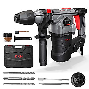 ZKH 1-1/4" SDS-Plus Rotary Hammer Drill for Concrete, 12.5 Amp Corded Heavy Duty Rotary Hammer with Safety Clutch, 4 Functions Vibration Control, Includes Chisels, Drill Bits, Grease and Carrying Case