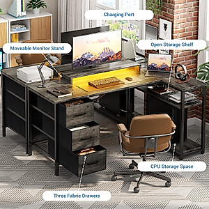 Aheaplus 53 Inch Gaming Desk with Power Outlets & LED Lights, Reversible L Shaped Computer Desk with 3 Drawers & Monitor Stand, Home Office Desk Corner Gamer Desk with Storage Shelves, Black Oak