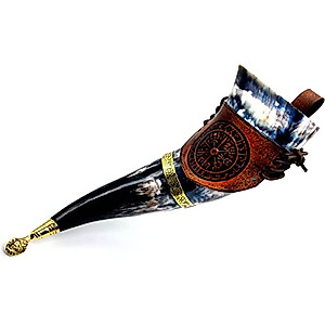 Beer horn mug Game of thrones Brass adorned vikings horn Medieval Drinking Horn with attractive leather belt (HBM-580)