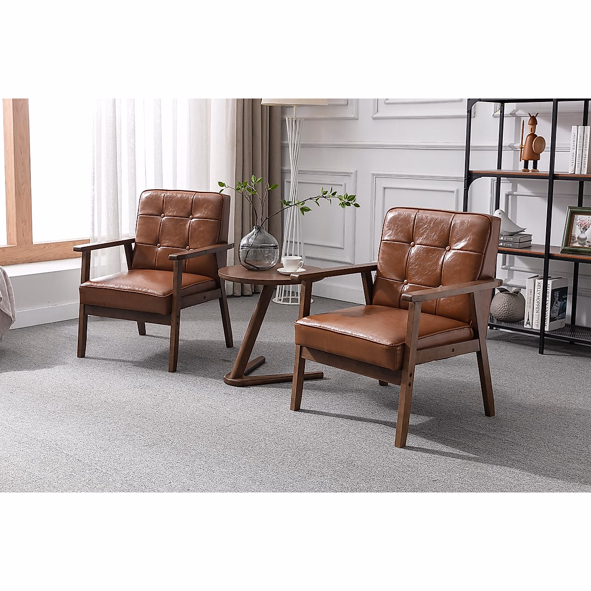 Okeysen Accent Chairs Set of 2 with Side Table, Mid Century Modern Accent Chair, Retro Wood and Leather Armchairs Side Chair, Lounge Reading Comfy Arm Chair for Living Room, Bedroom, Office（Brown