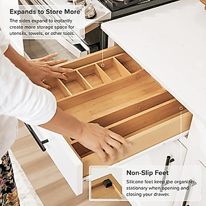 KitchenEdge Adjustable Kitchen Drawer Organizer for Utensils and Junk, Food-Safe Contract Grade with 100% Sustainable Wood, Non-Slip, Expandable from 10.5 to 18.5 Inches Wide - Natural Bamboo