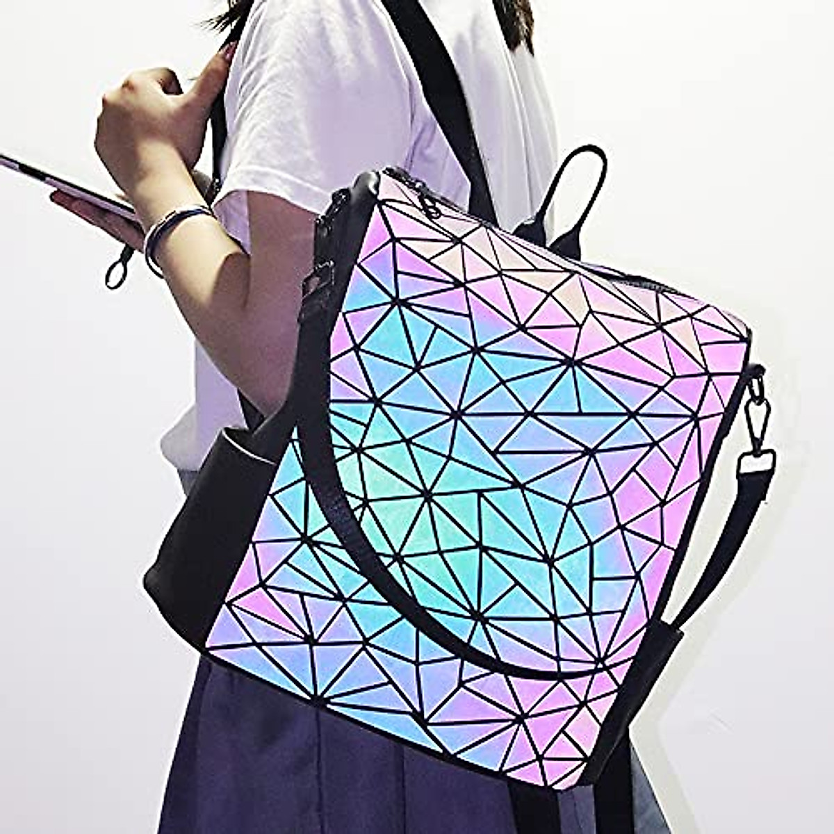DBMGB Irregular Geometric Luminous Backpack Bag, Reflective Handbags, Noctilucent Totes Shopping Rucksack, Grid Knapsack, for Lady Womens Girls Men,Color 1