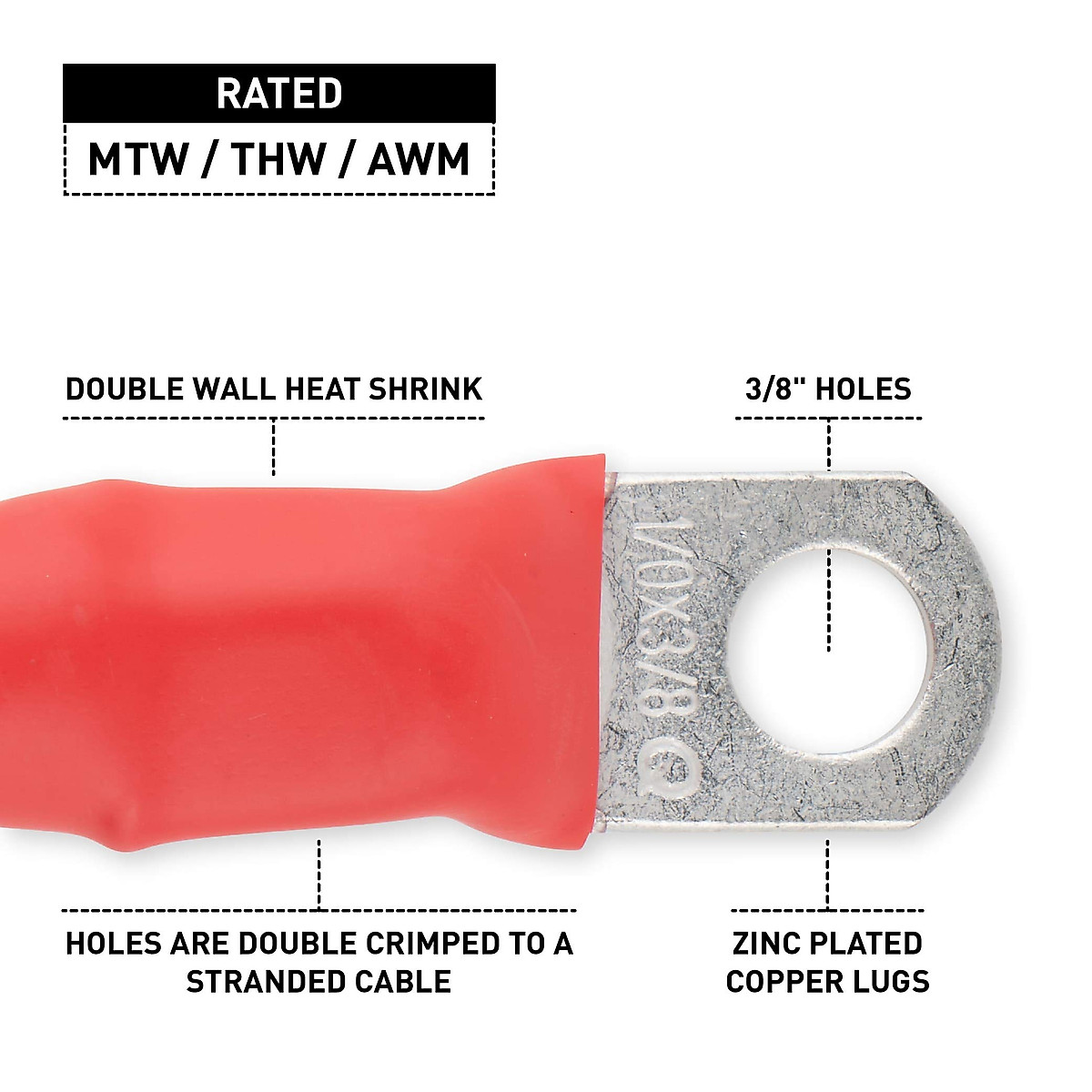 Exell Battery 1/0 Interconnecting Copper Cable, 8-inch Length with 3/8-inch Lugs, Red