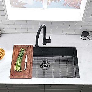 28 Inch Matte Black Kitchen Sink Undermount, Wesliv 28x19 Inch Undermount Matte Black Kitchen Sink 16 Gauge Deep Large Single Bowl Kitchen Sink with Cutting Board & Bottom Rinse Grid