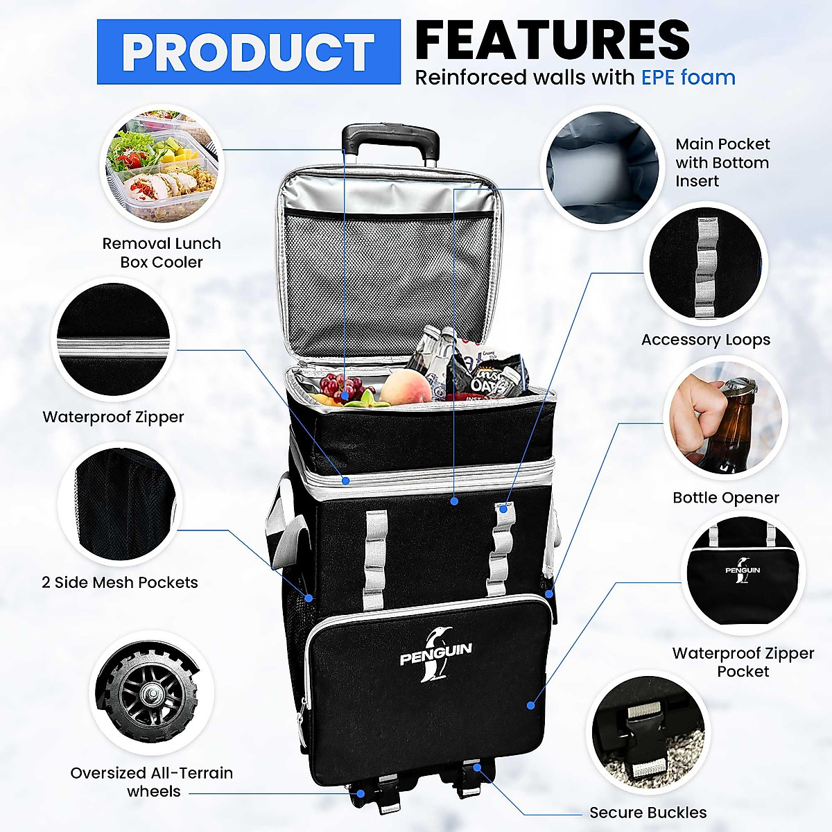 PENGUIN Coolers Polar Pak - Insulated Leakproof Portable Cooler, Waterproof Zippers - Collapsible Trolley Cooler with 4 Wheels - Removable Top & Mesh Side Pockets for Extra Storage - 72 Can Capacity