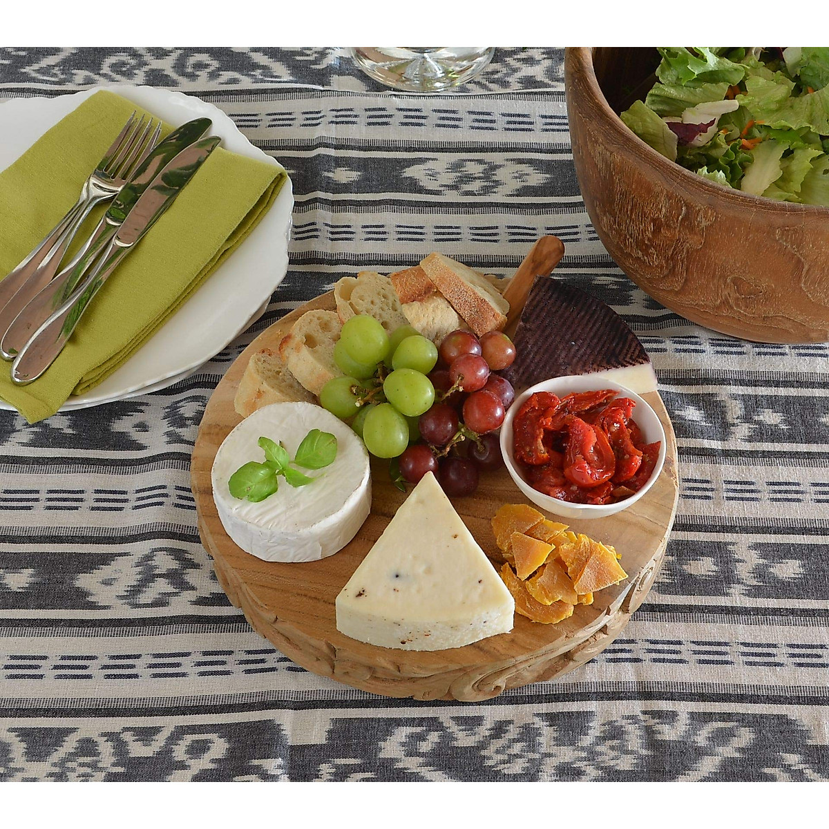 Balian Teak Wood Carved Round Tapas, Meat and Cheese Board or Charger, Natural