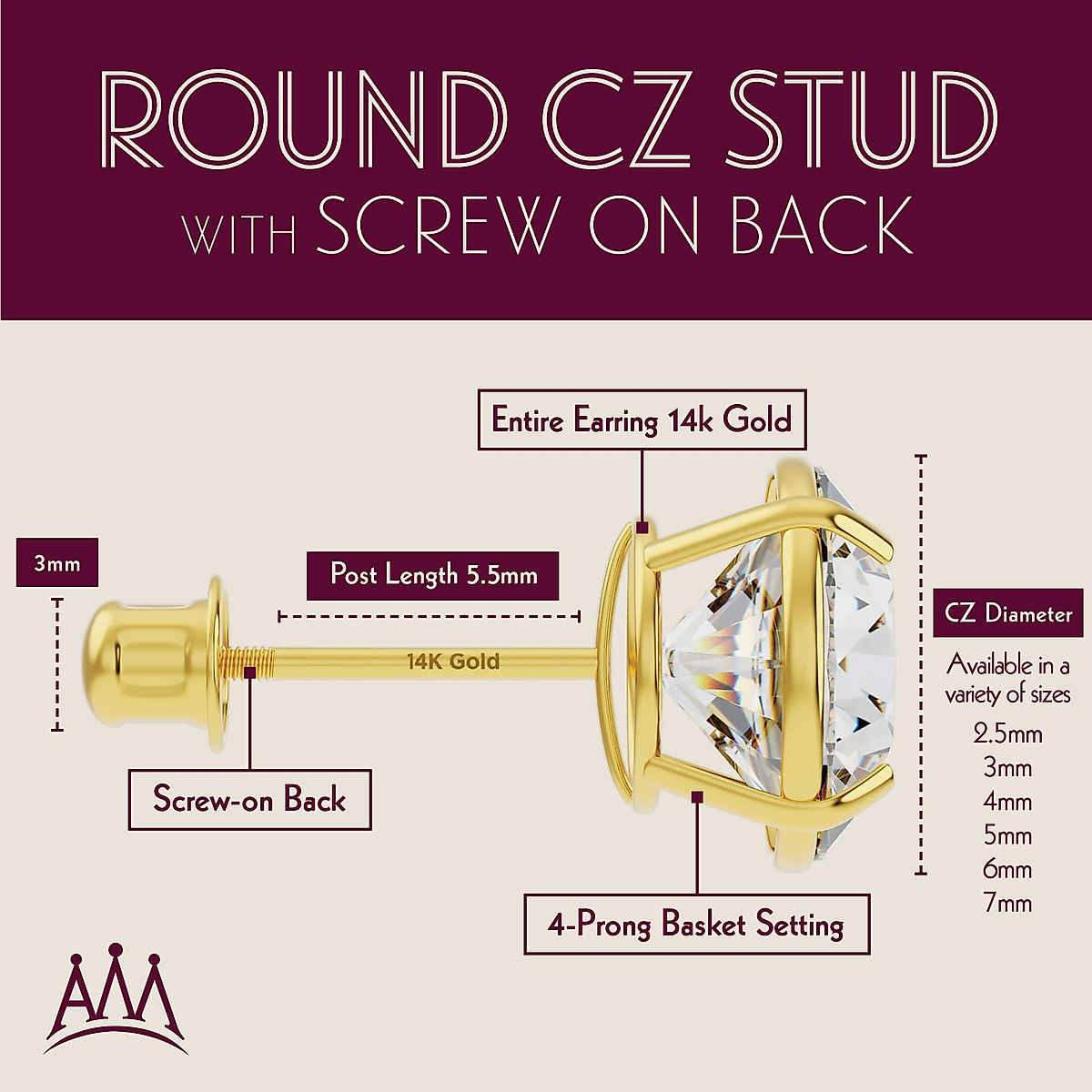 14k Yellow Gold Small Solitaire Made with Genuine Cubic Zirconia Round Stud Earrings (3mm)