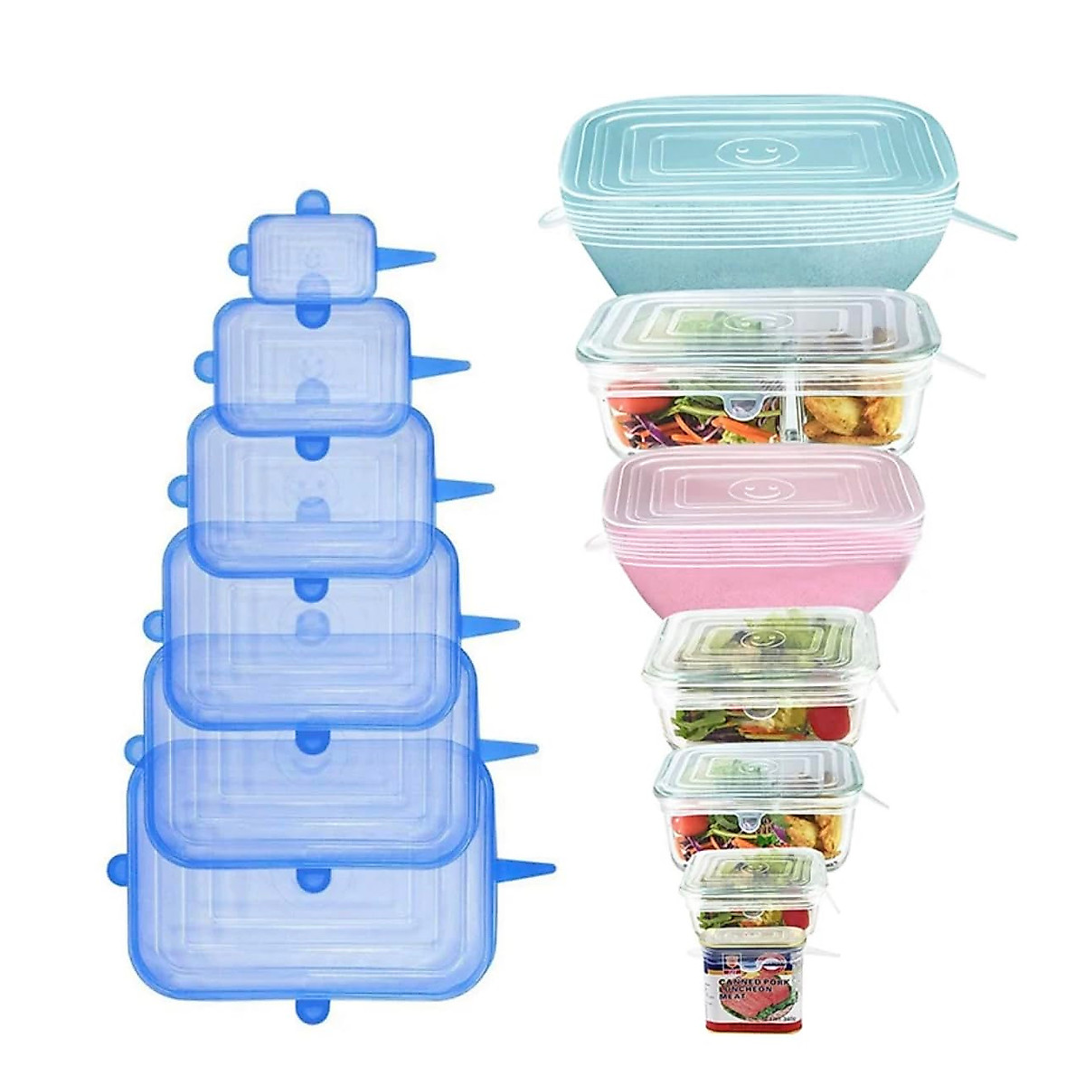 TraCol Reusable Silicone Stretch Lids, 12 Pcs Silicone Lids, 6 different Sizes BPA-free Silicone Bowl Covers for Cups, Bowls and Dish, Flexible, Round and Rectangle Fit 2.5" - 8.5” Container, Blue