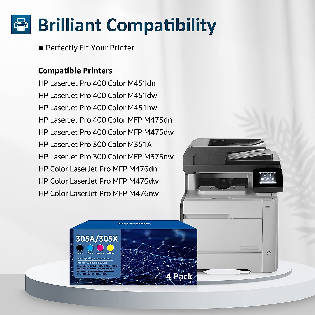 305A 305X Toner Cartridge 4 Pack Black Cyan Yellow Magenta Replacement for HP 305A CE410X CE410A CE411A CE412A CE413A for HP Laserjet Pro 400 Color MFP M451nw M451dn M475dn m375nw m475dw Printer