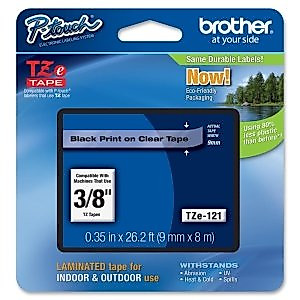Brother Part# TZe-121 Label Tape (OEM) 0.35" Black Print on Clear