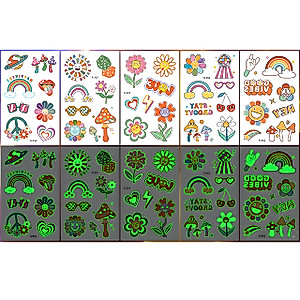 Finduat Glow In The Dark Groovy 70s Temporary Tattoos Stickers Kids Waterproof Luminous Tattoo Stickers Hippie Theme Birthday Party Supplies, Good Vibes Only Favors, Rainbow Arts and Crafts