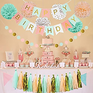 Mint Peach Birthday Party Decorations, Happy Birthday Decoration Set with Birthday Banner Pom Poms Circle Dot Garland and Tassel Garland for Women Grils Birthday Party Decor