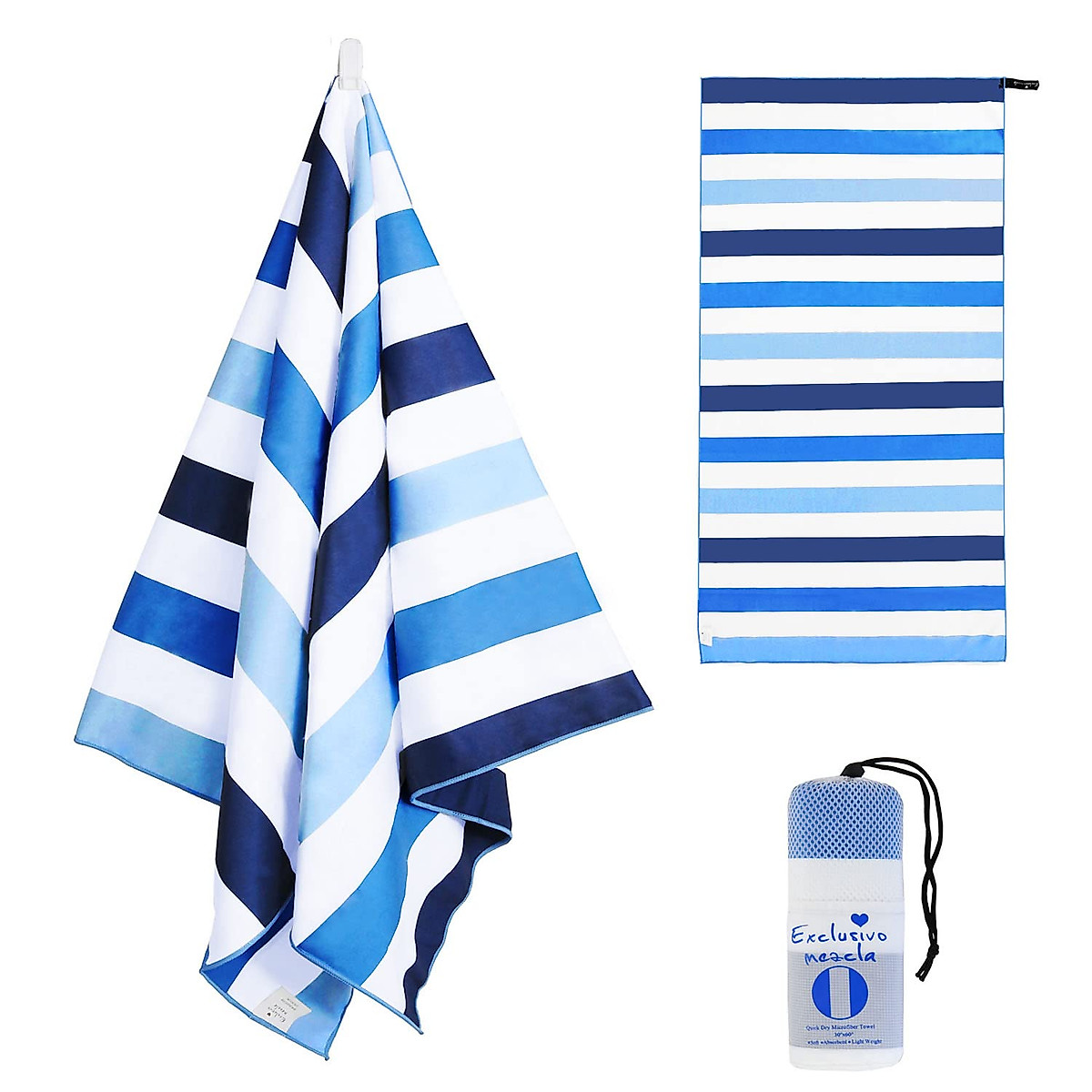 Exclusivo Mezcla Large Microfiber Quick Dry Beach Towel, Lightweight Sand-Free Cabana Stripe Pool Travel Camping Towel with Bag (Blue, 30x60 Inches)