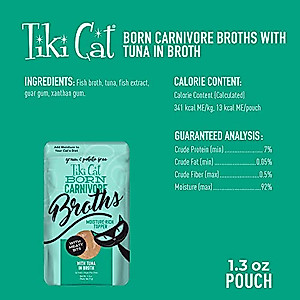Tiki Cat Born Carnivore Broths, Tuna Recipe, Hydration and Flavor Supplement Cat Food Topper, 1.3 oz. Pouch (Pack of 12)